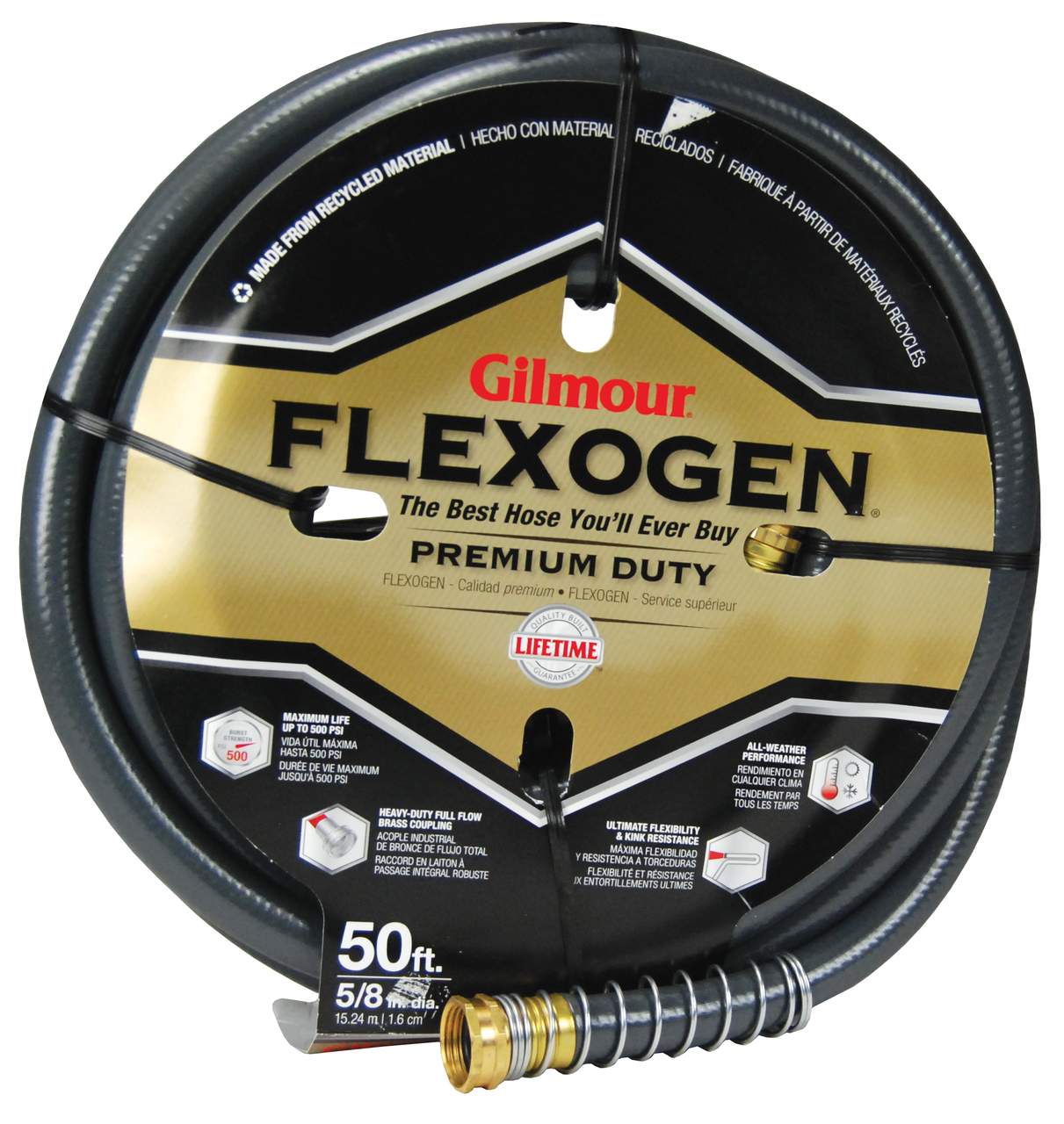 5/8" x 50' Flexogen Garden Hose w/ Full-Flow Brass Couplings ...